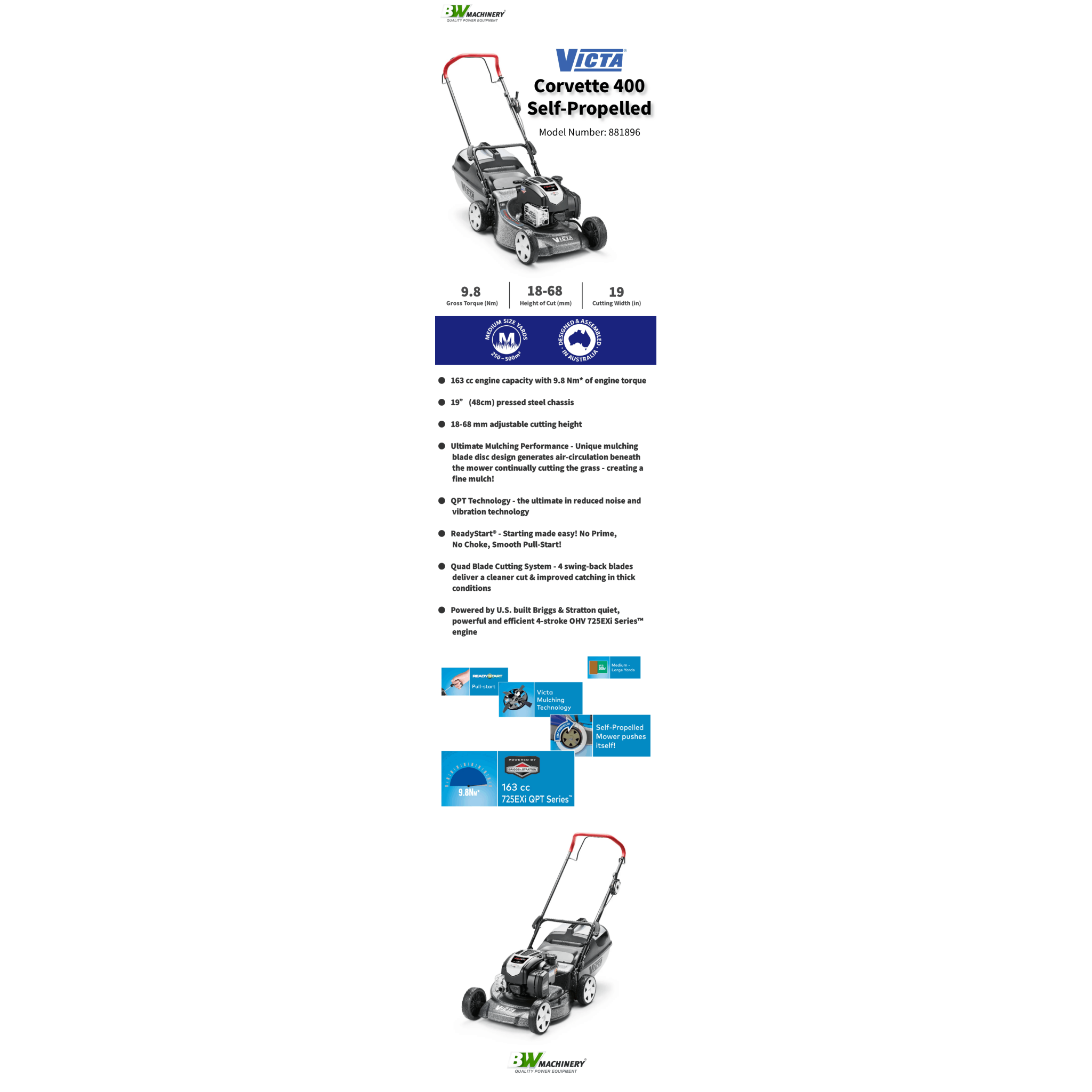 VICTA Corvette 400SP Self-Propelled Mower (881896) | B.W. Machinery