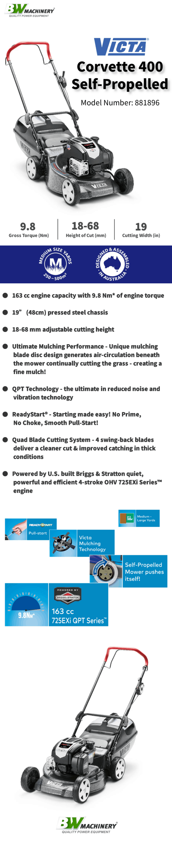 VICTA Corvette 400SP Self-Propelled Mower (881896) | B.W. Machinery